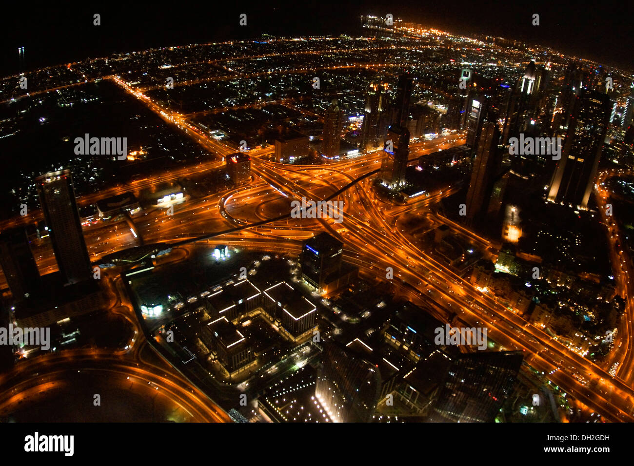 Aerial, night view of downtown Dubai, United Arab Emirates Stock Photo ...