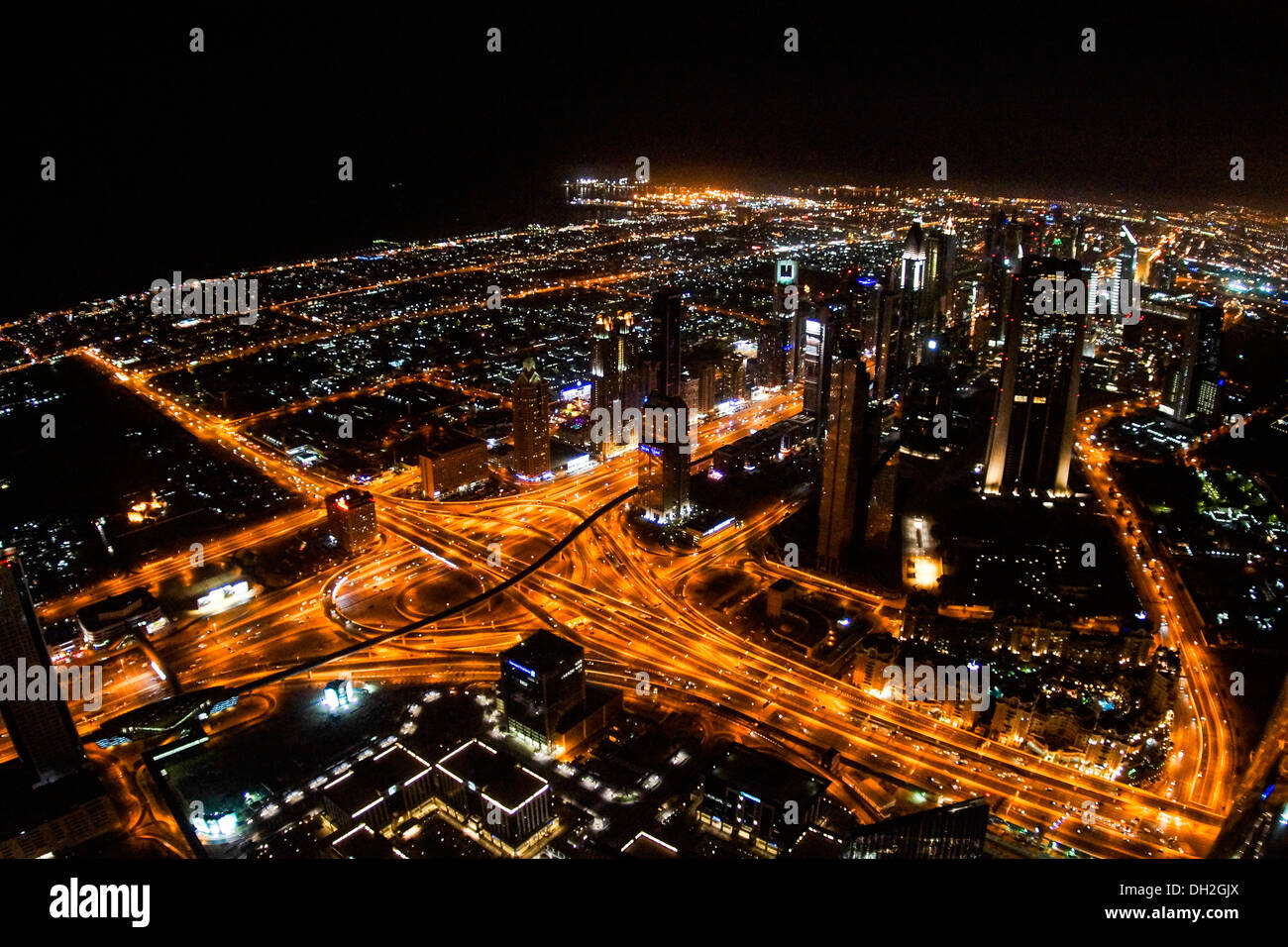 Aerial, night view of downtown Dubai, United Arab Emirates Stock Photo ...