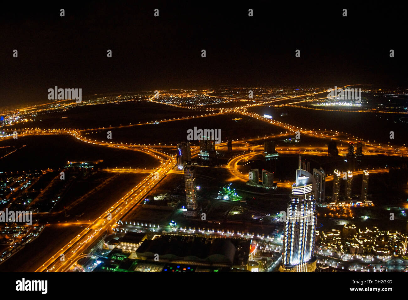 Aerial, night view of downtown Dubai, United Arab Emirates Stock Photo ...