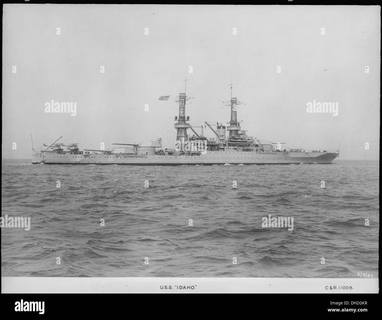 Idaho (BB42). Starboard side, underway, two planes on catapults, 06-04 ...