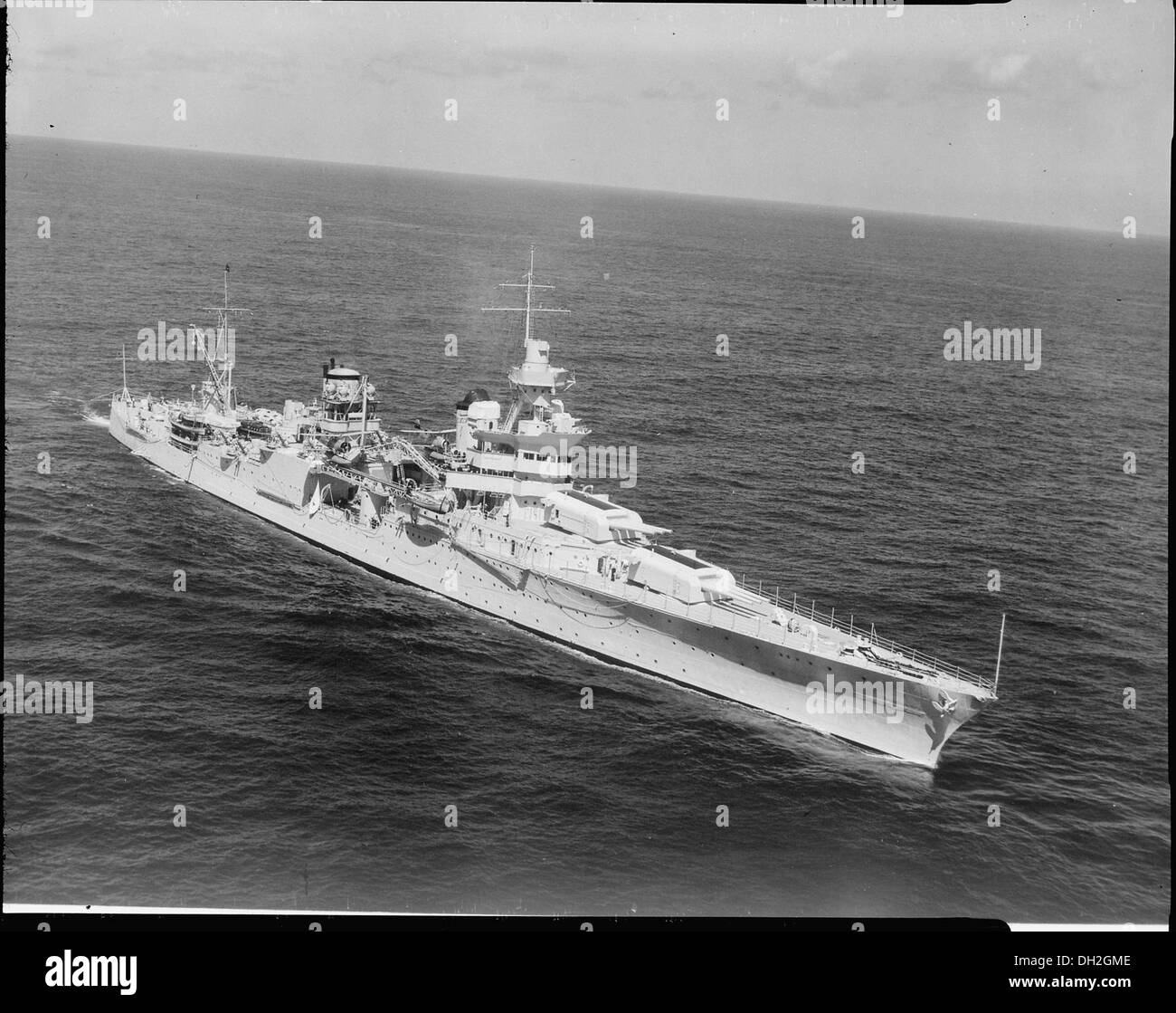 An aerial view of the USS Indianapolis (CA-35), showing its starboard ...