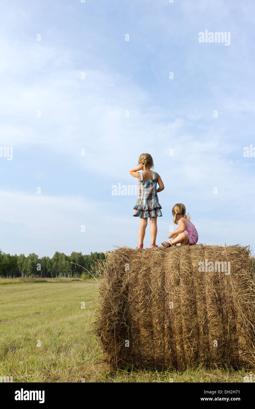 Two girls stand on haystack Stock Photo - Alamy
