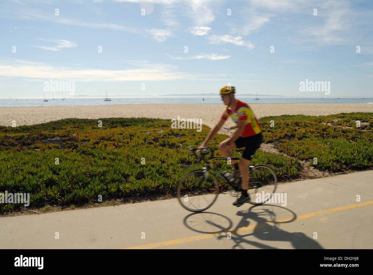 Bicyclist on Bike Path by Beach with Channel Islands in Background ...