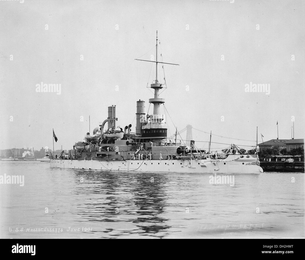 This photograph shows the starboard bow of the battleship Massachusetts ...