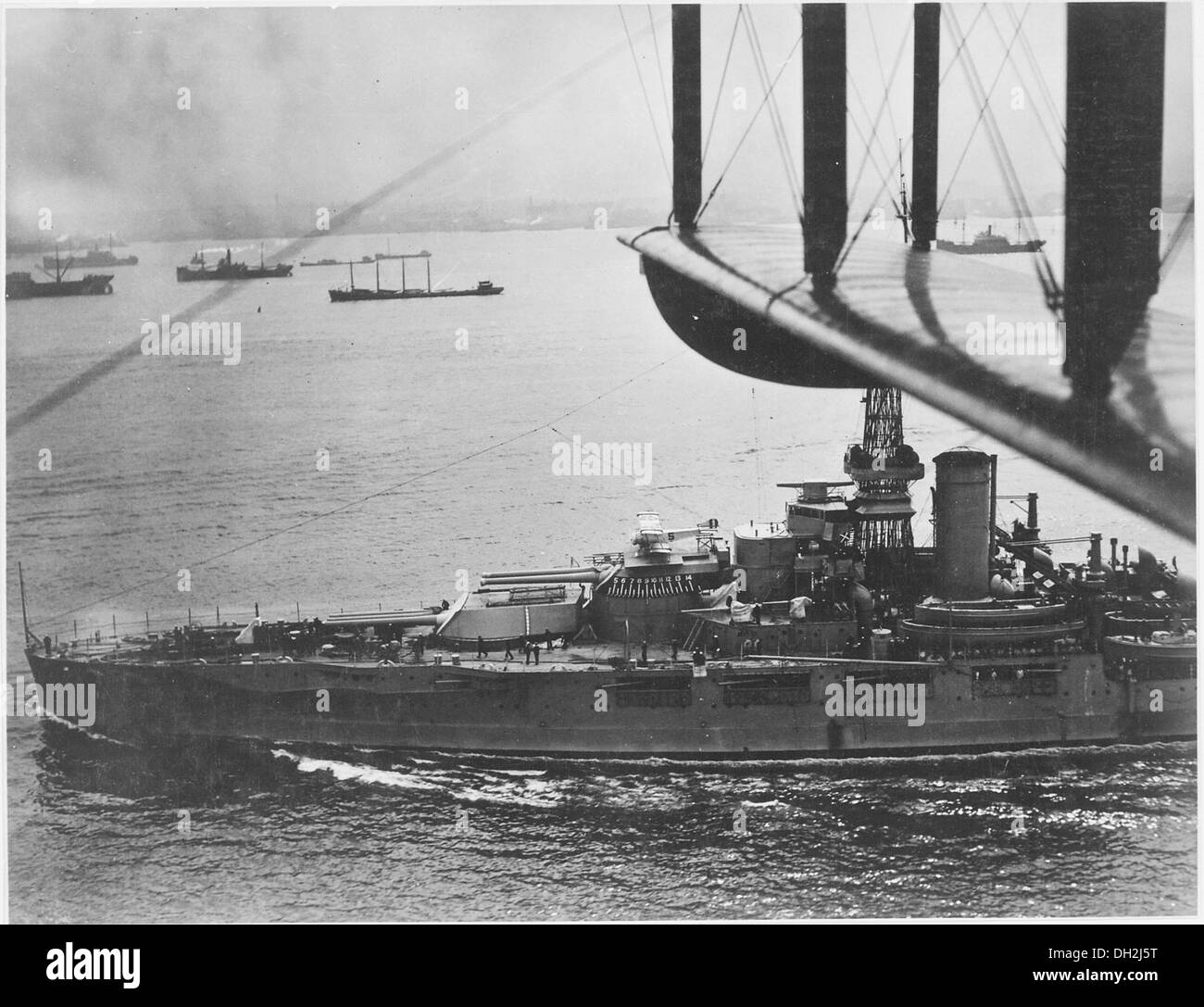 This image captures the USS Nevada (BB36) underway, showing the port ...