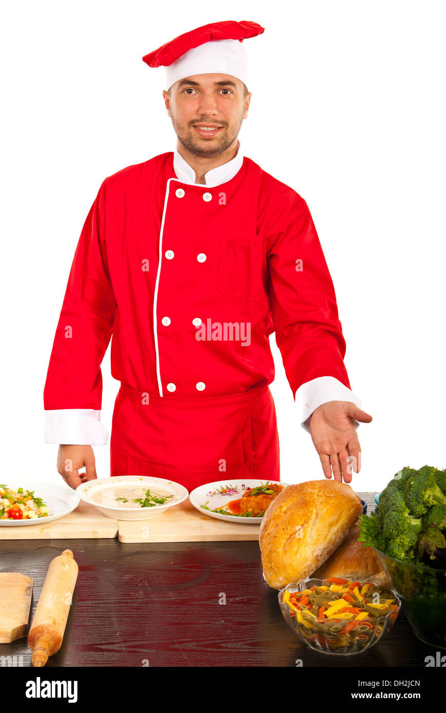Chef male showing food in kitchen isolated on white background Stock ...
