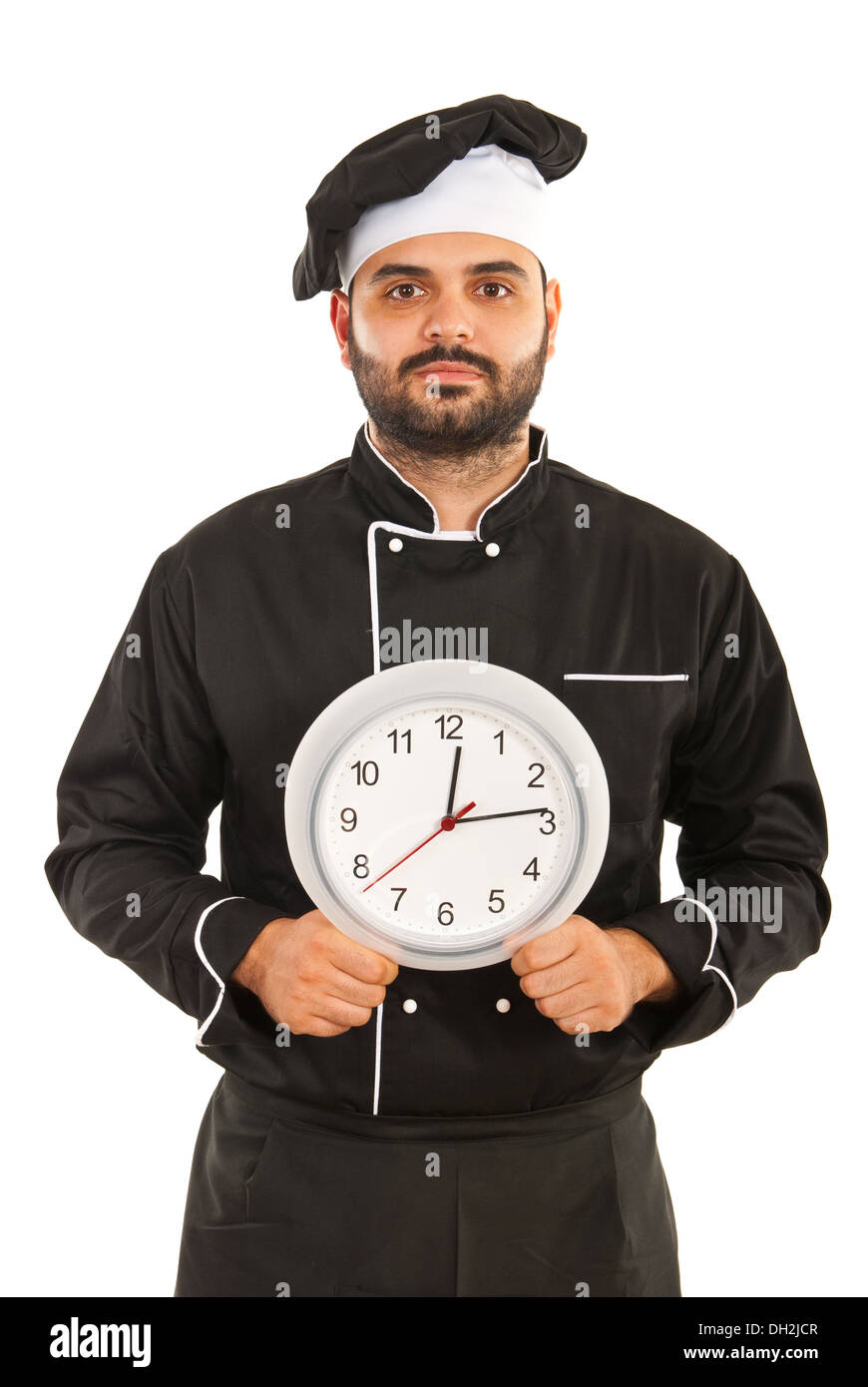 Chef male in black uniform holding clock isolated on white background ...