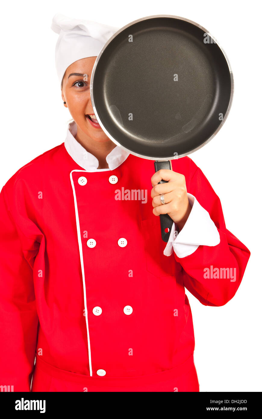 Chef woman behind frying pan isolated on white background Stock Photo ...