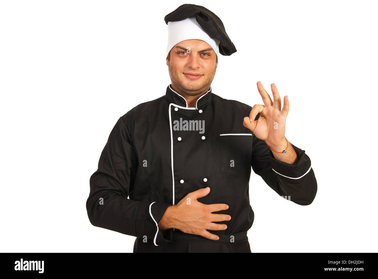 Chef man showing okay sign hand gesture isolated on white background ...