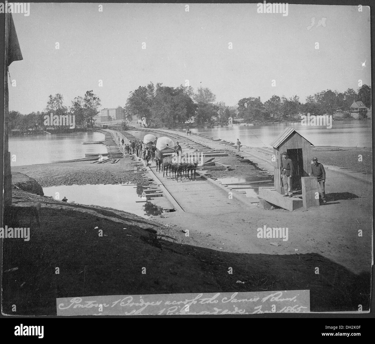 A pontoon bridge spanning the James River at Richmond, Virginia, in ...