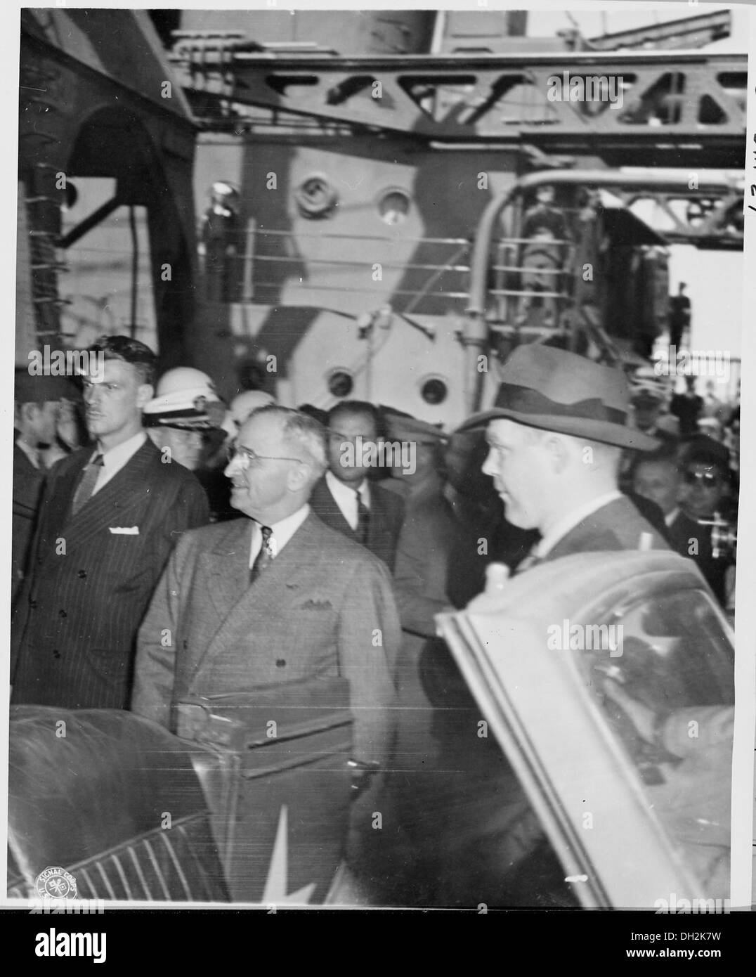 President harry truman steps into an open car in antwerp hi-res stock ...