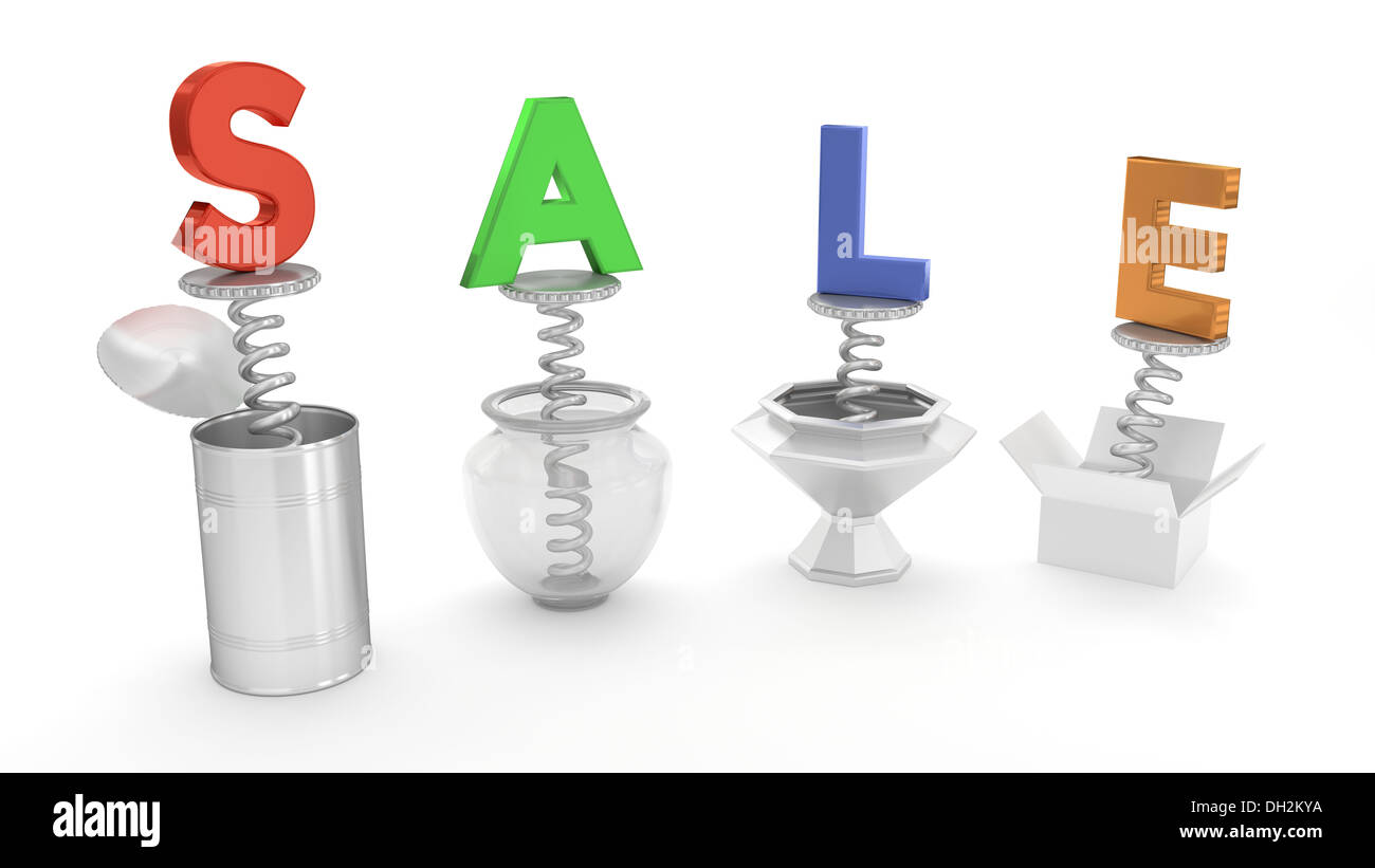 SALE Colorful Wording Pop Up Out of Containers Stock Photo - Alamy
