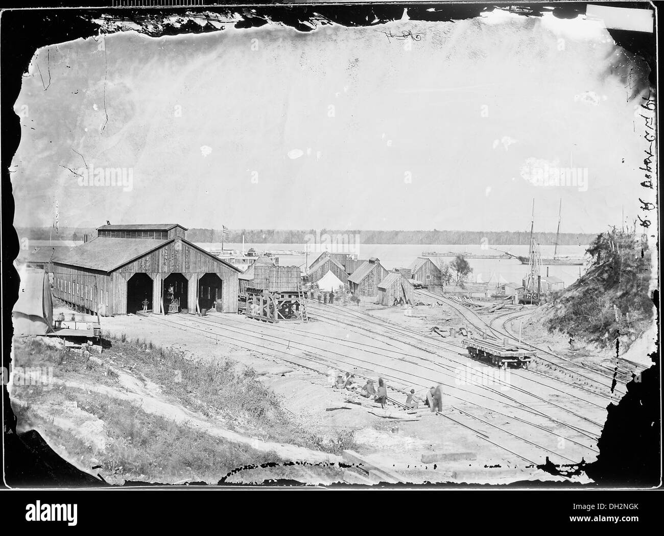 A photograph of the wharf at City Point, Virginia, showing the engine ...