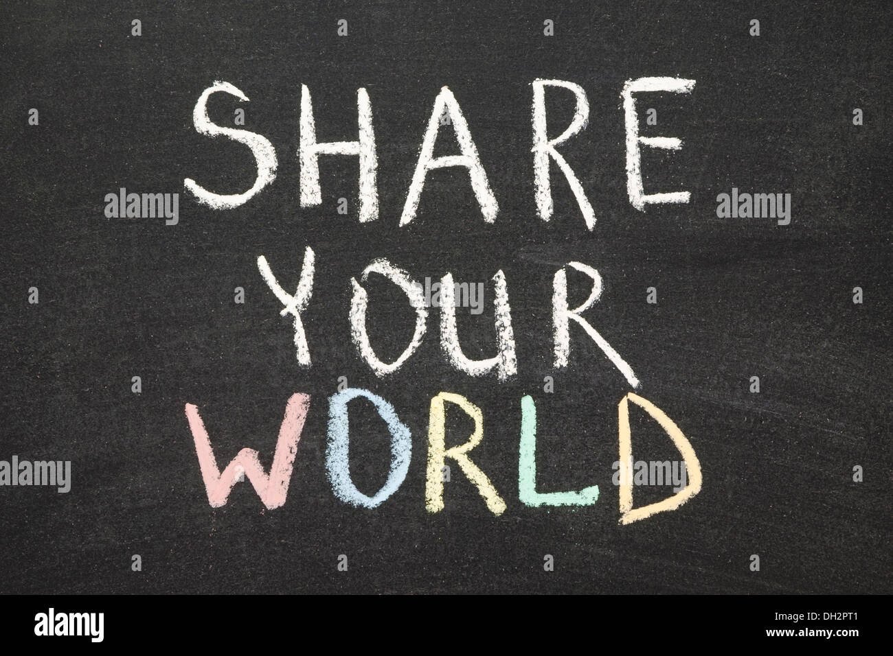 share your world phrase handwritten on the school blackboard Stock ...