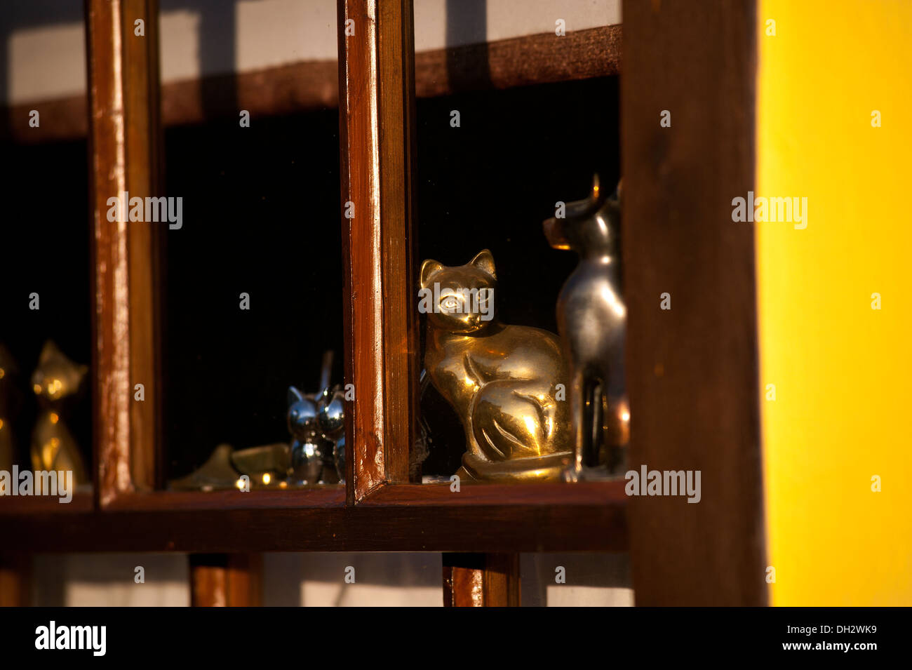 Cats on display in window of house in Thaxted, Essex, England. October ...