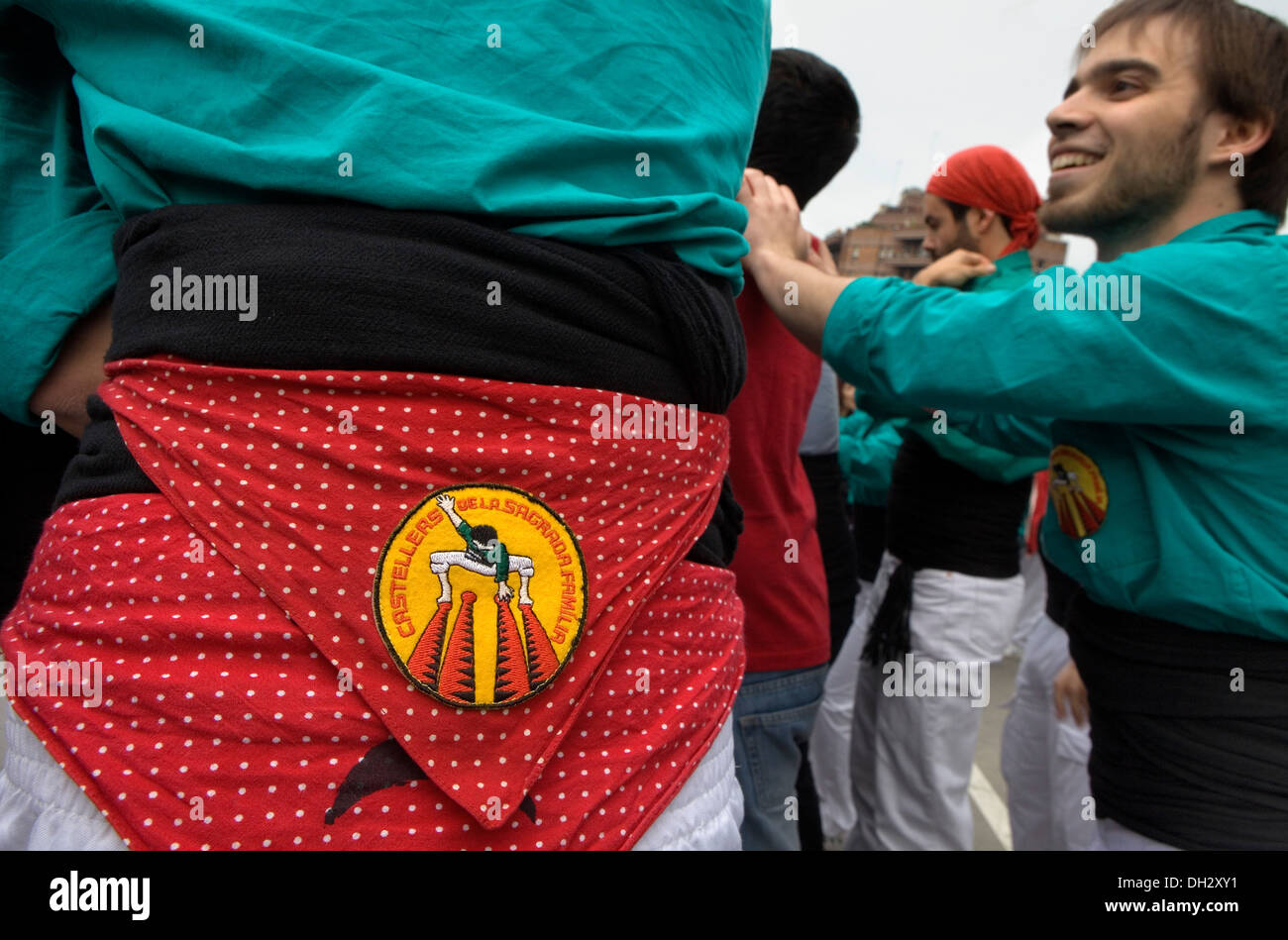 Detail of handkerchief. Castellers de la Sagrada Familia building human ...