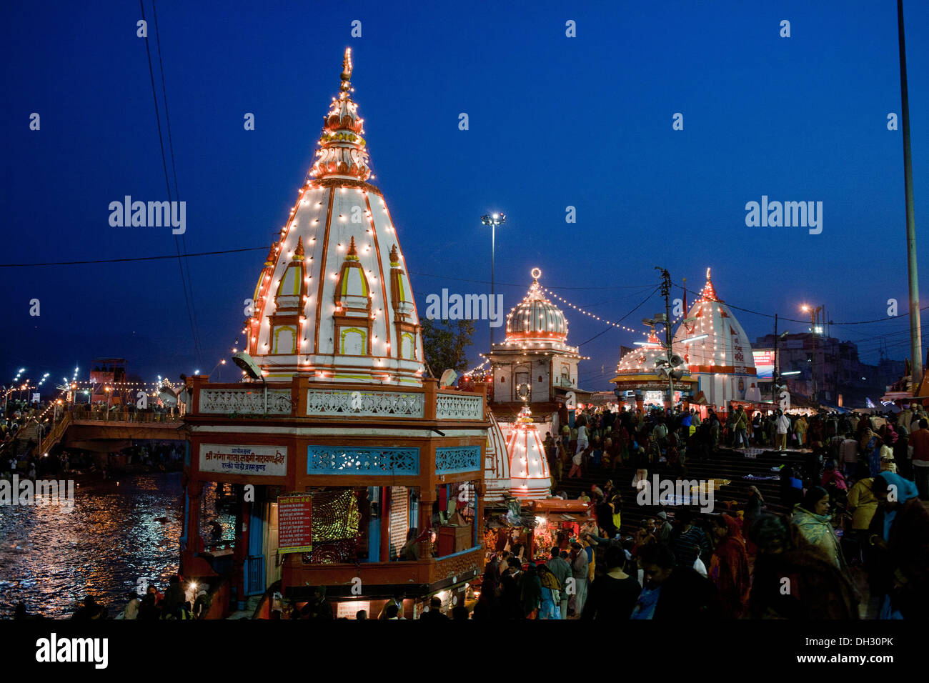 Temple at Har ki pauri near Ganga river ganges decorated with lights ...