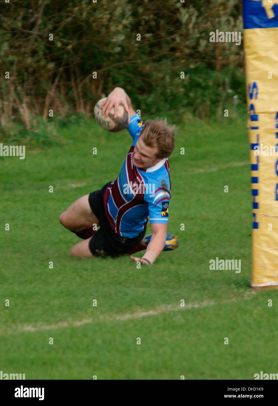 Rugby player scoring a try, Bude, Cornwall, UK Stock Photo - Alamy