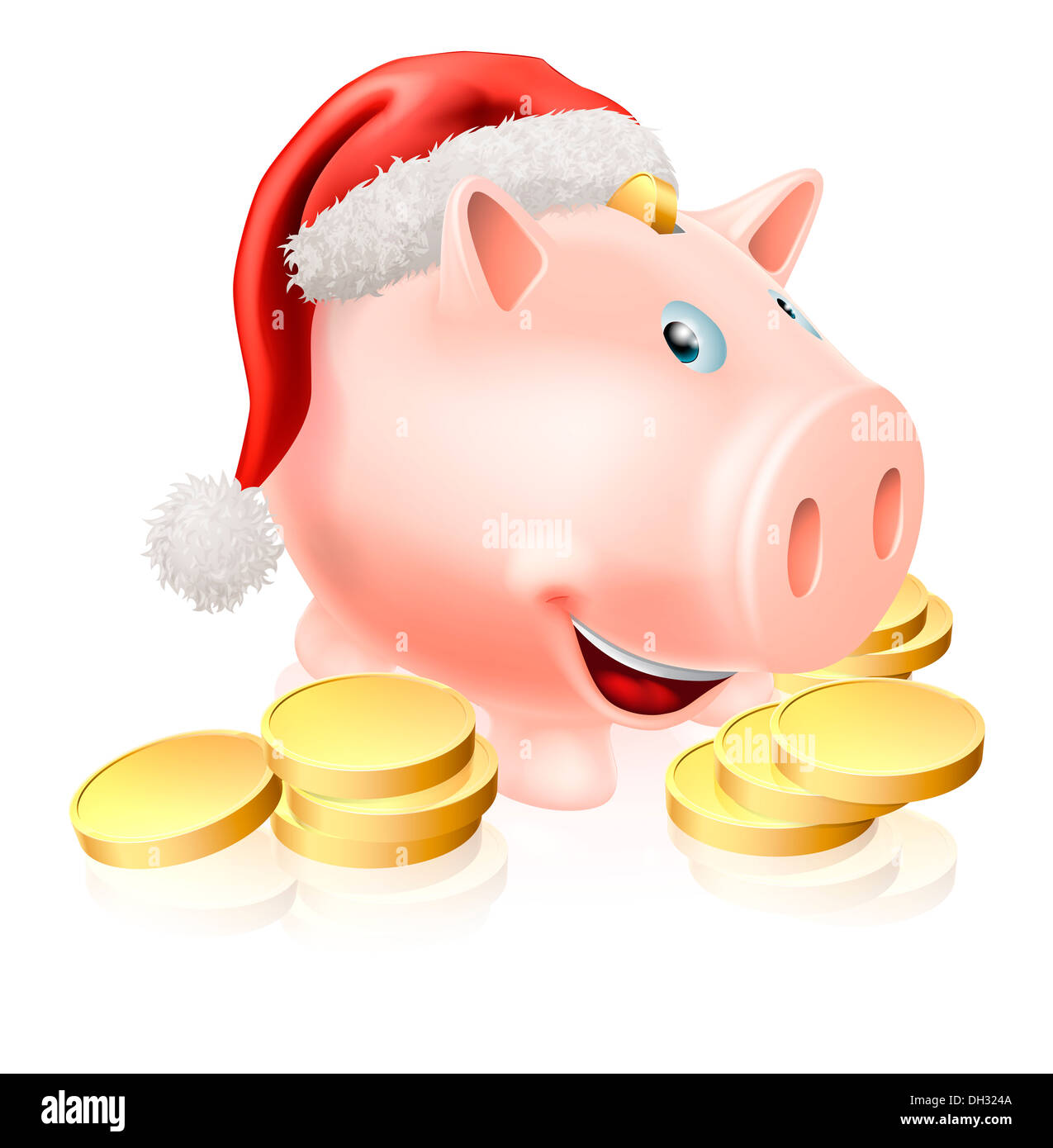 Cartoon Christmas piggy bank with Santa hat on and gold coins. Concept ...