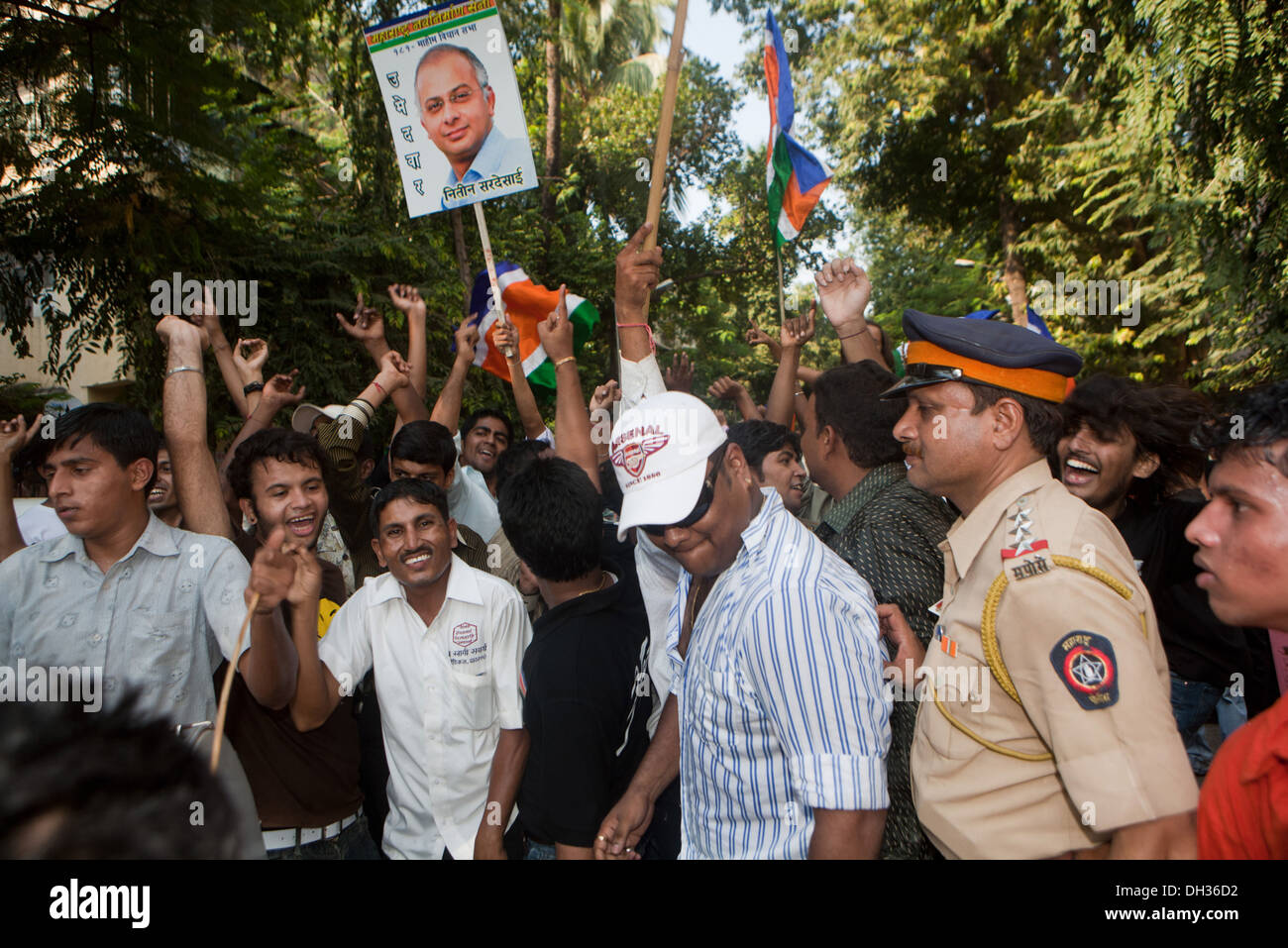 men supporters shouting slogans celebrating election victory of MNS ...