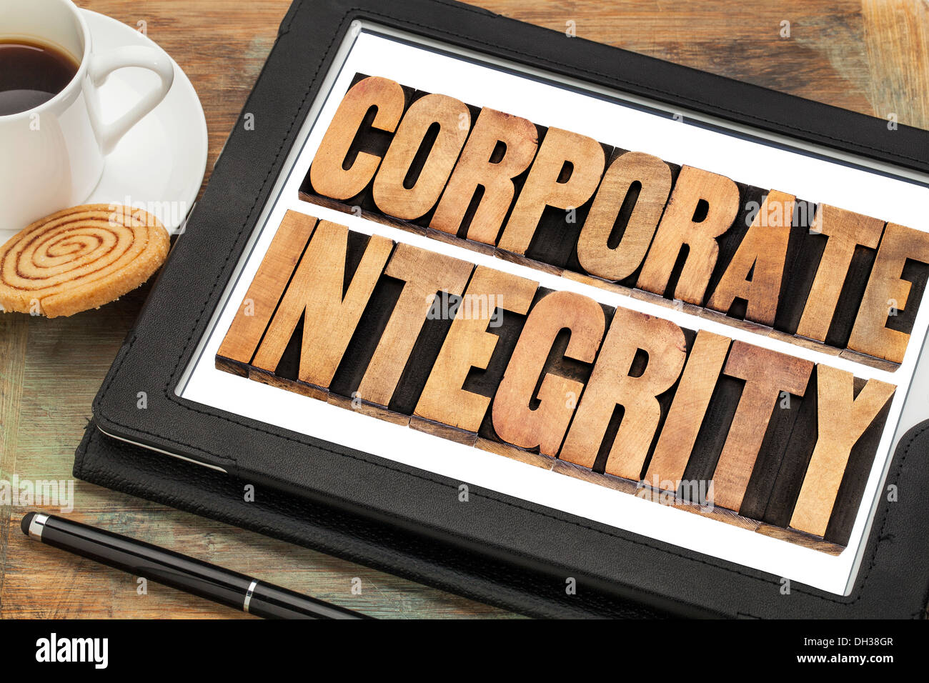 corporate integrity - business ethics concept - text in letterpress ...