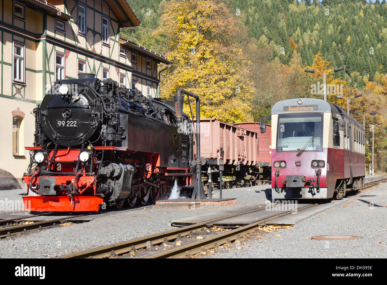 A Steam locomotive pulling a freight train on the Harz Mountain Railway ...