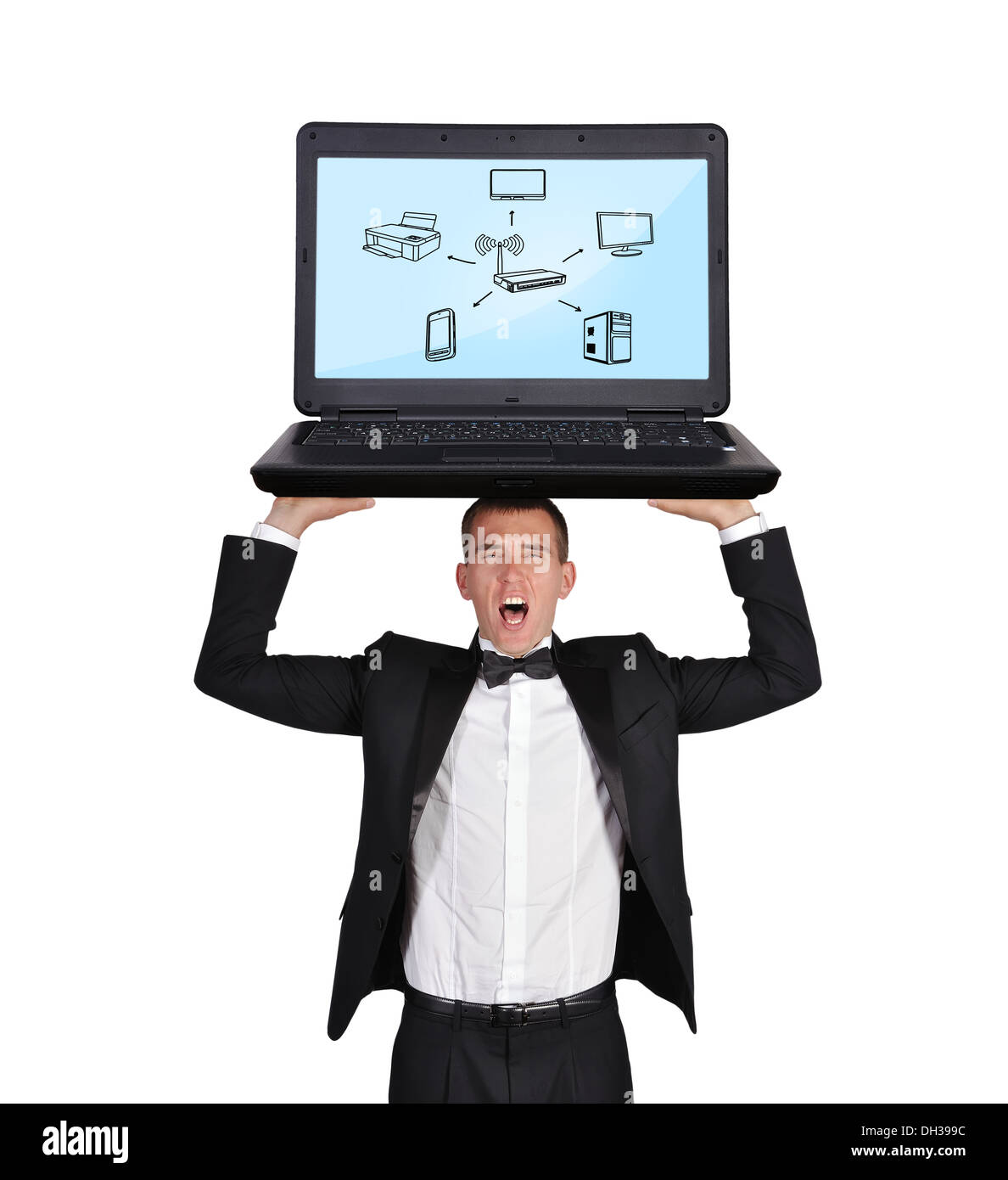 businessman screaming with laptop and computer network on screen Stock ...