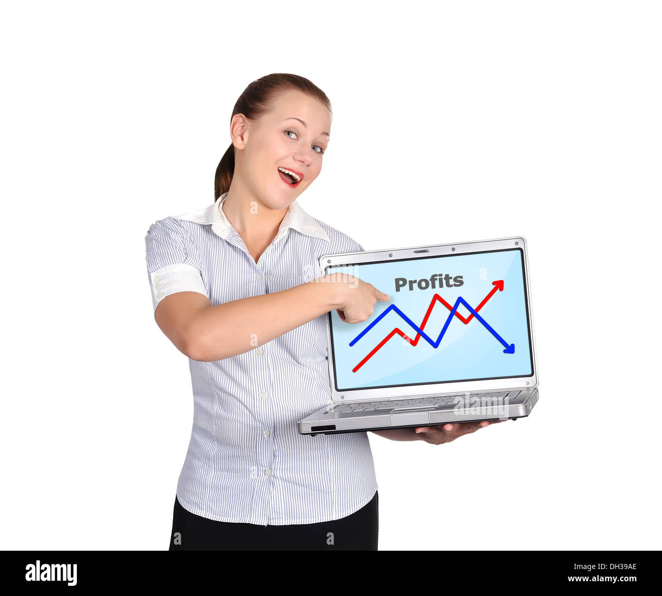 girl holding notebook with graph on a white background Stock Photo - Alamy