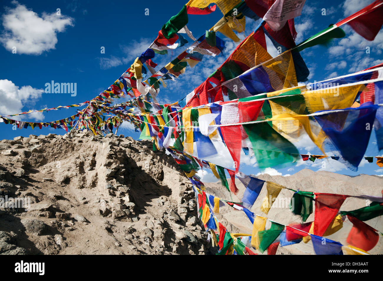 Buddhist prayer flags at fortress and temples of Namgyal Tsemo Gompa ...