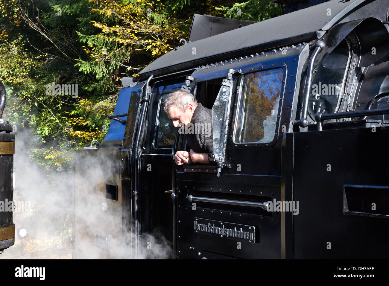 A Steam locomotive and engine driver on the Harz Mountain Railway at ...