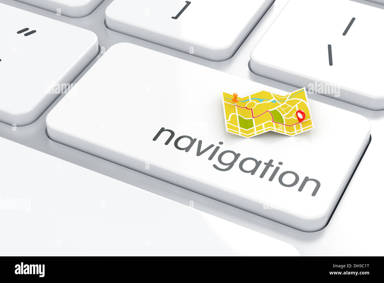 3d render of map with pins icon on the keyboard. Navigation concept ...