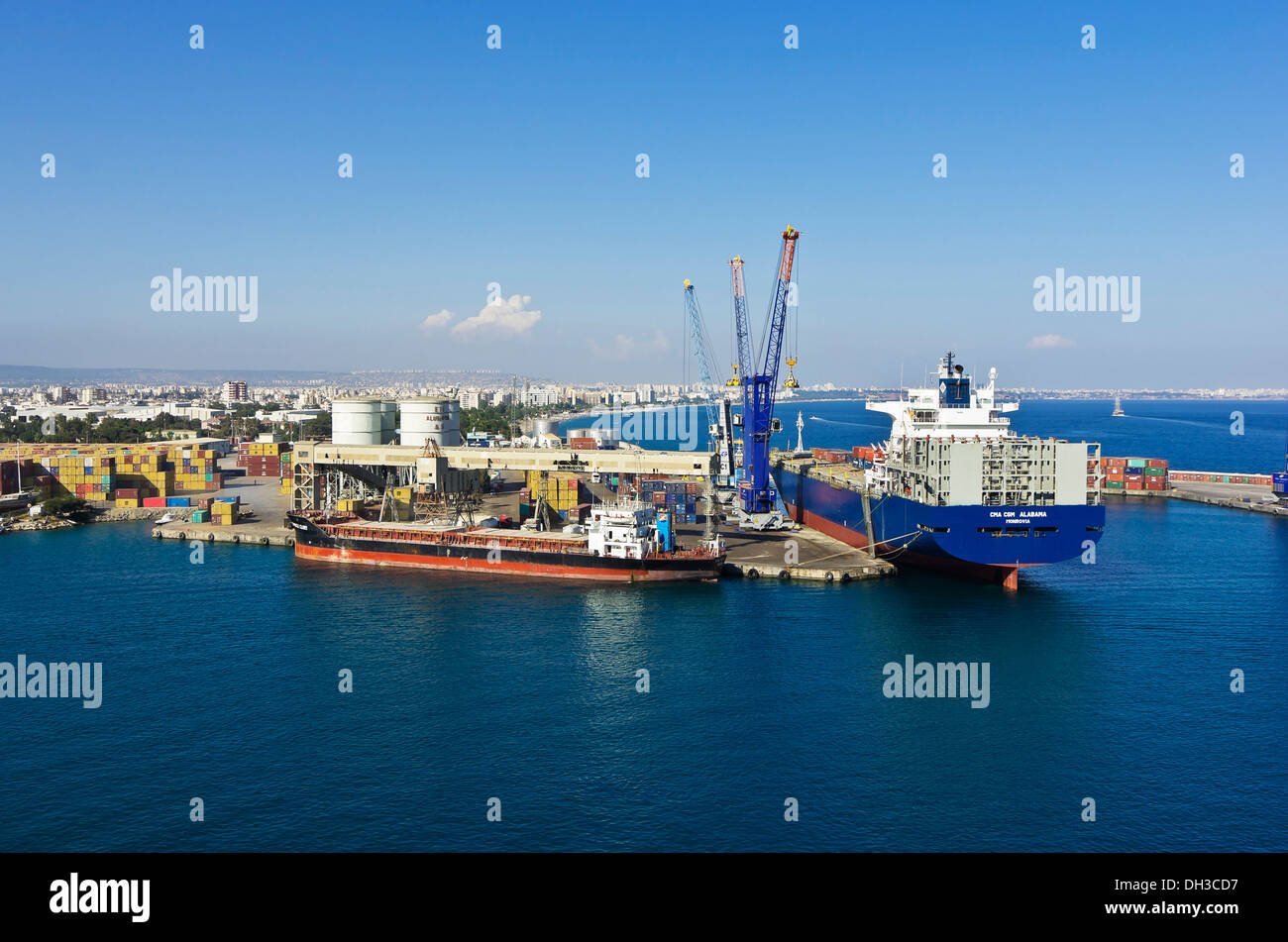 Container port with a container ship in the port of Antalya, Turkish ...