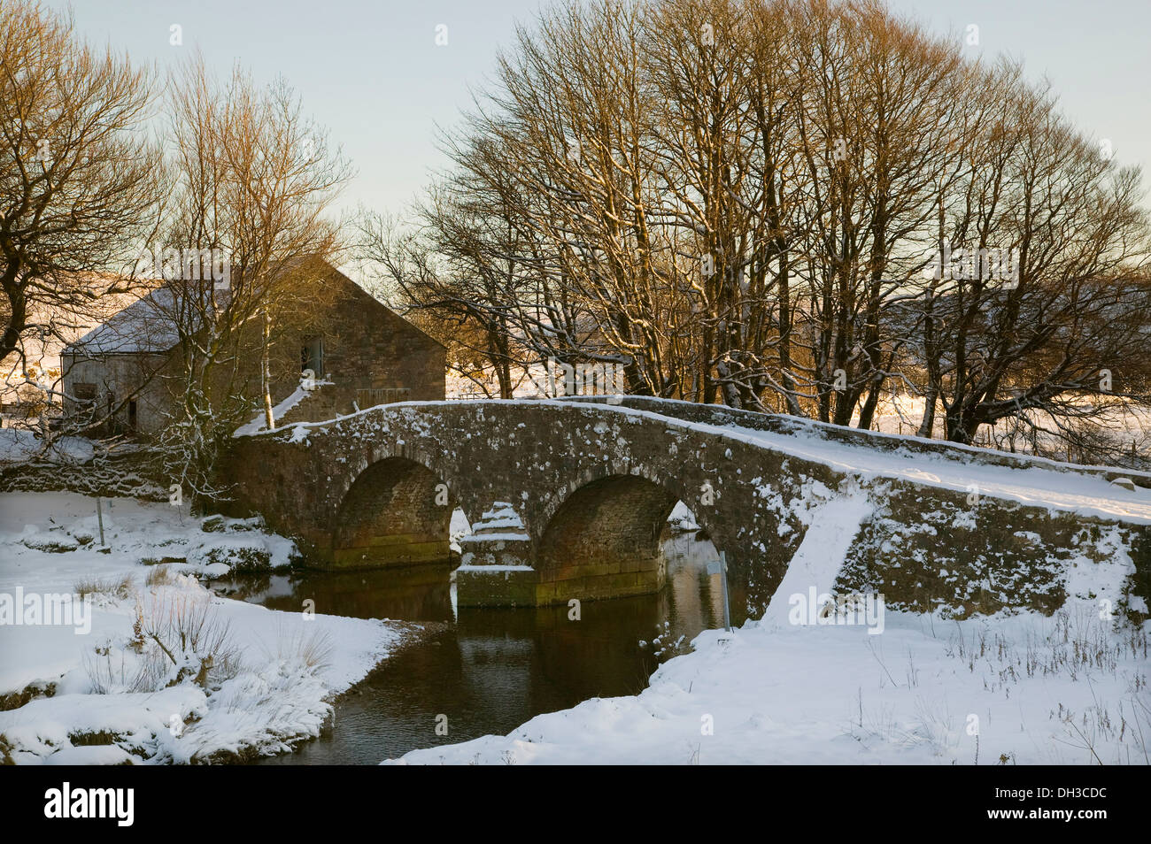 Coach bridge and West Dart River in snowy conditions, at Two Bridges ...