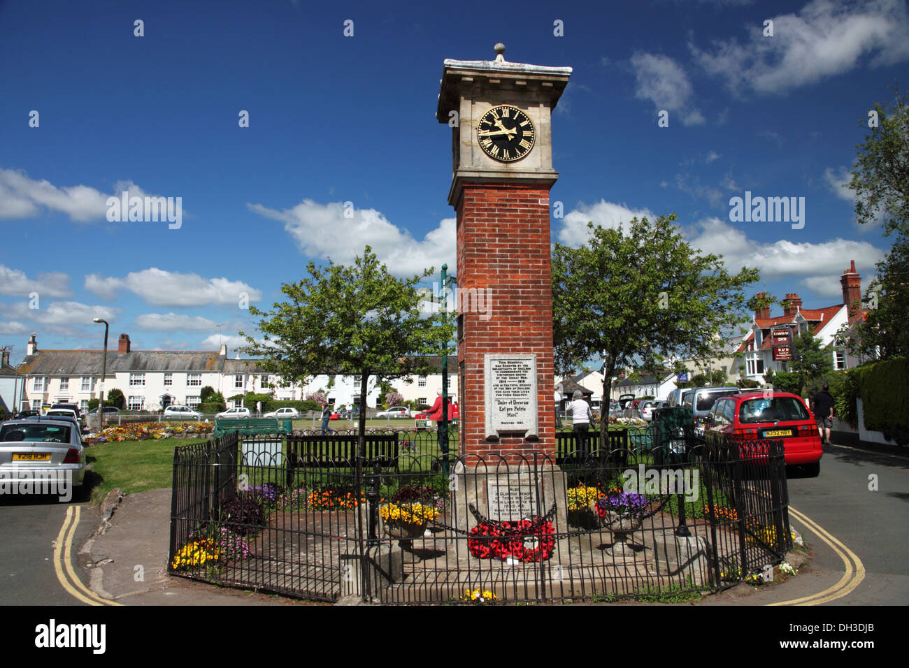 A brick clock tower, Shaldon, commemorating fallen in WW1, with ...