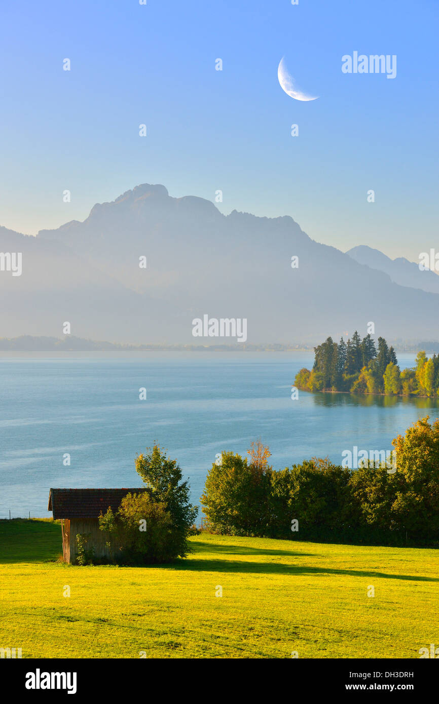 Forggensee lake, near Fussen, Tannheim Mountains, moon, composing ...