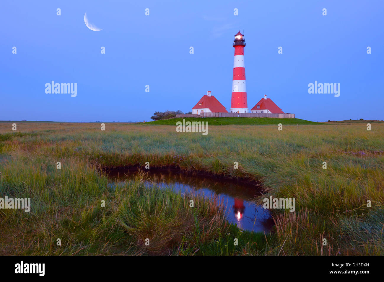 Westerheversand lighthouse, moon, composing, Westerhever, North Sea ...