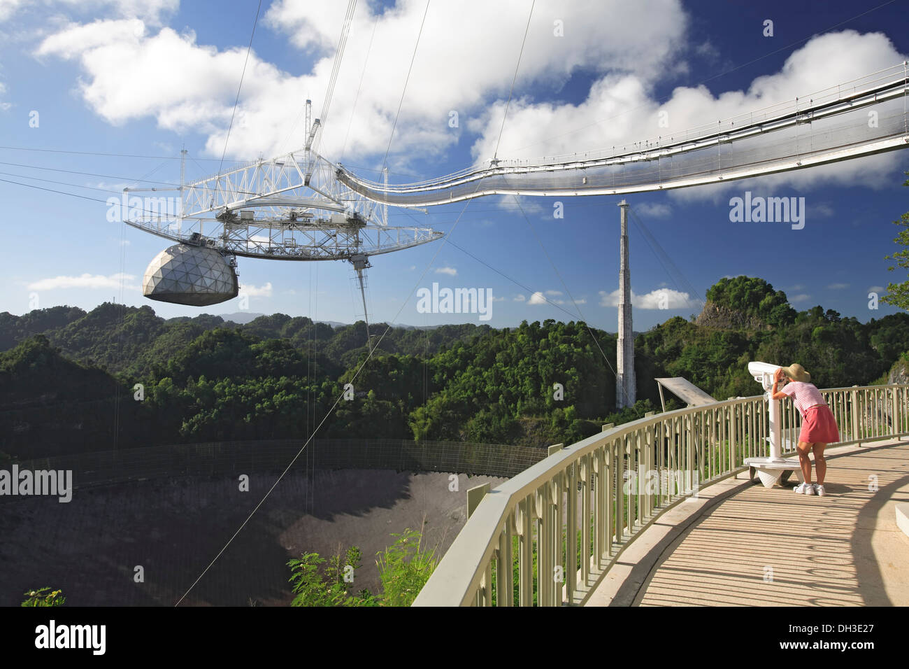 Woman looking at antennas through binoculars, Arecibo Observatory ...