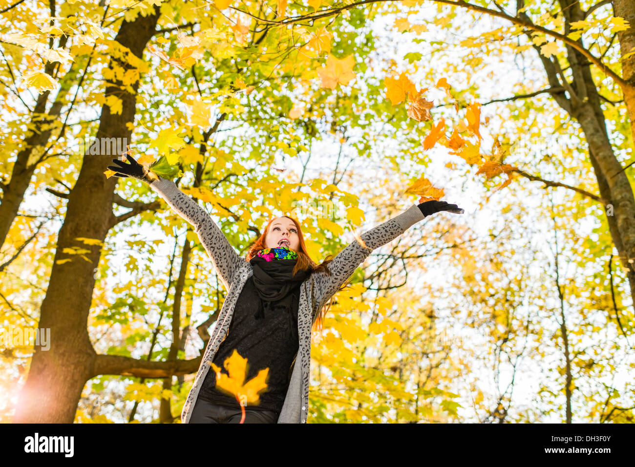 Beautiful girl and falling leaves, colors of fall Stock Photo - Alamy