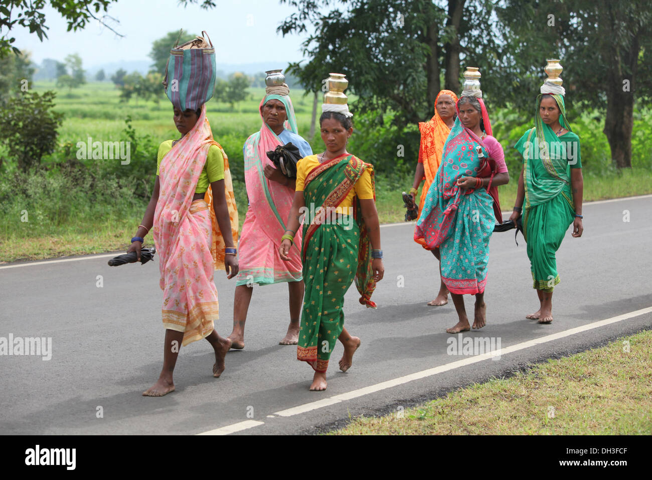 Women devotees walking on pilgrimage. Chada village, Madhya Pradesh ...