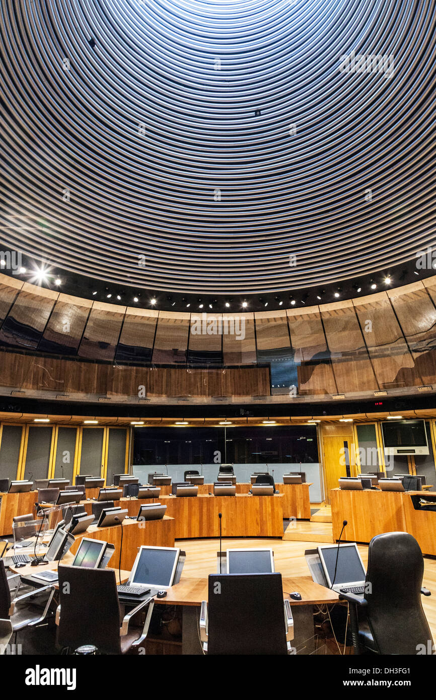 View up to the funnel roof of the Siambr or debating chamber in the ...