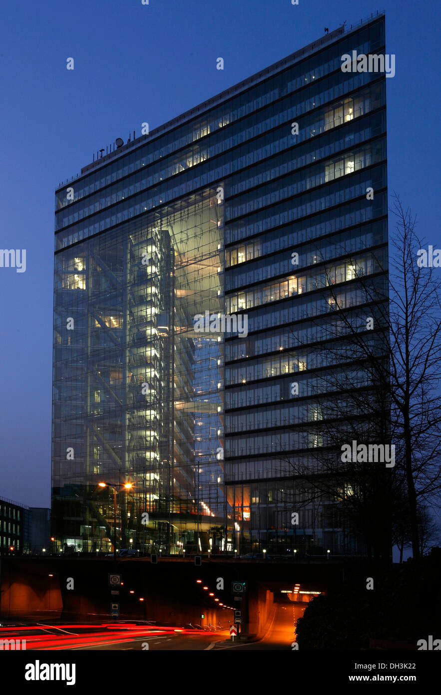 Stadttor, City Gate skyscraper, at dusk, Blue Hour, Duesseldorf, North ...