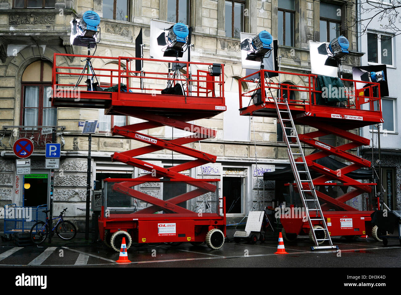 Film lighting, film shoot in an old building lit from the outside ...