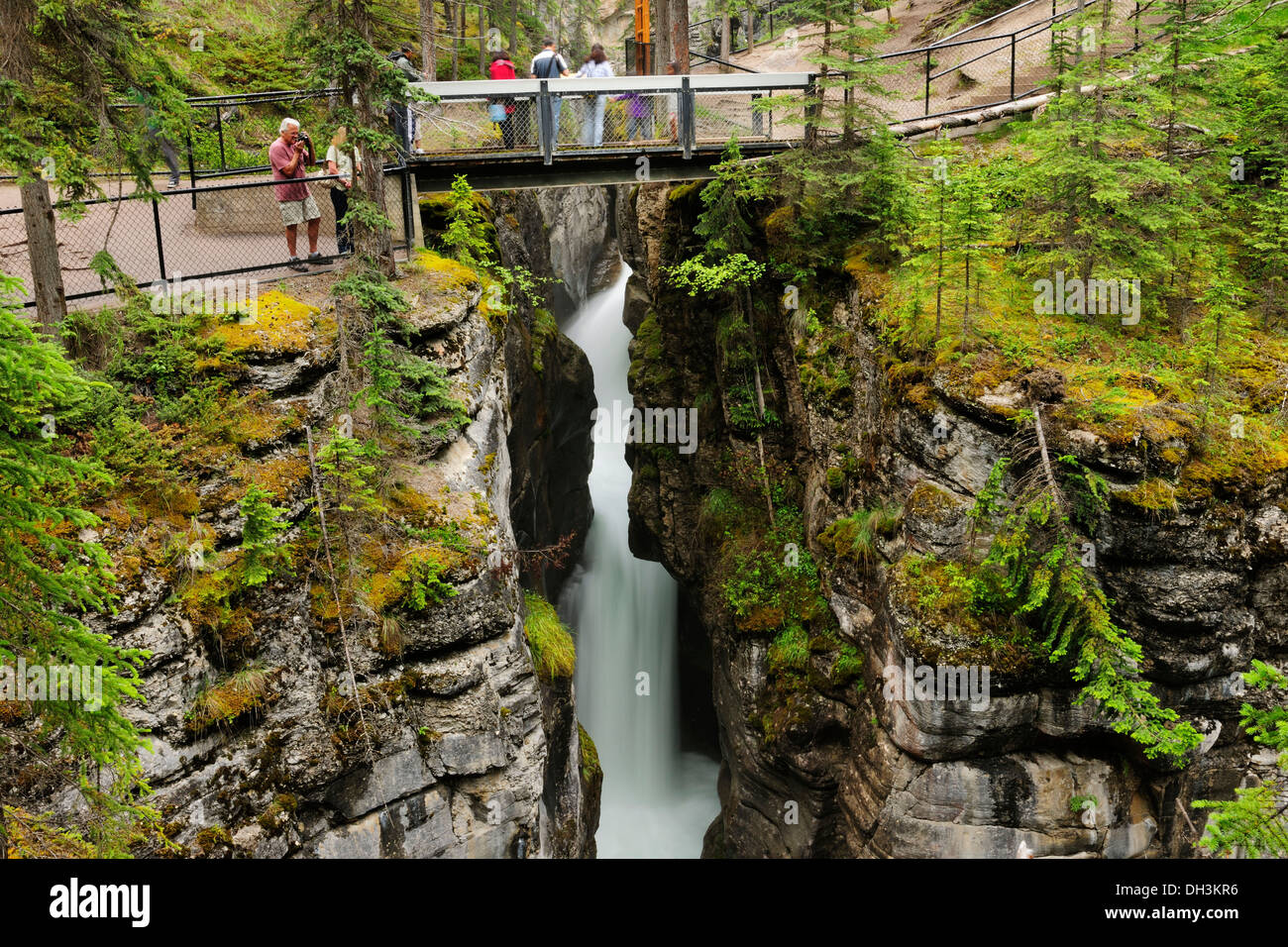 Tourists standing on a bridge over the Maligne Canyon, Jasper National ...
