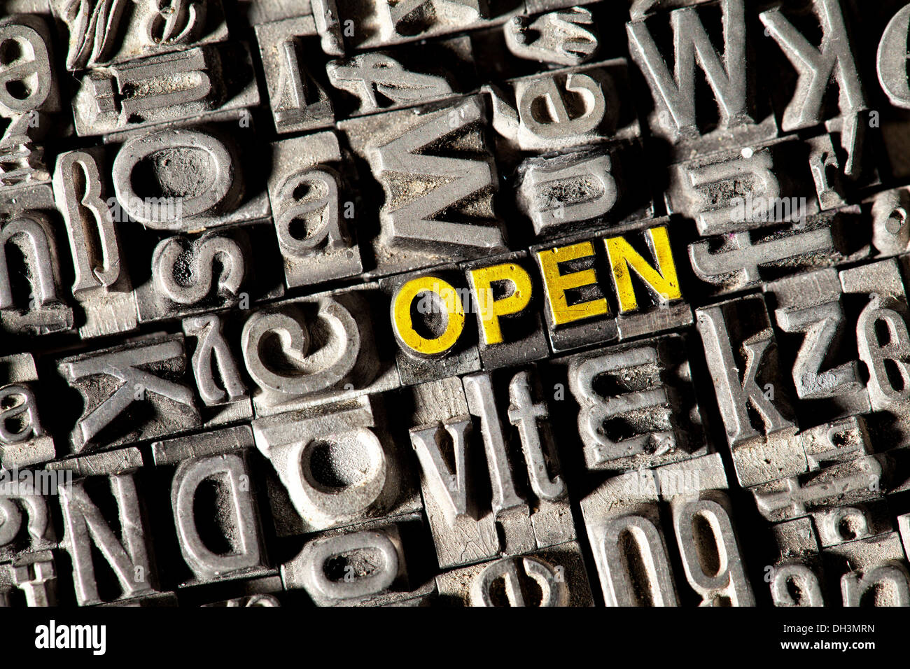 Old lead letters forming the word "OPEN Stock Photo - Alamy