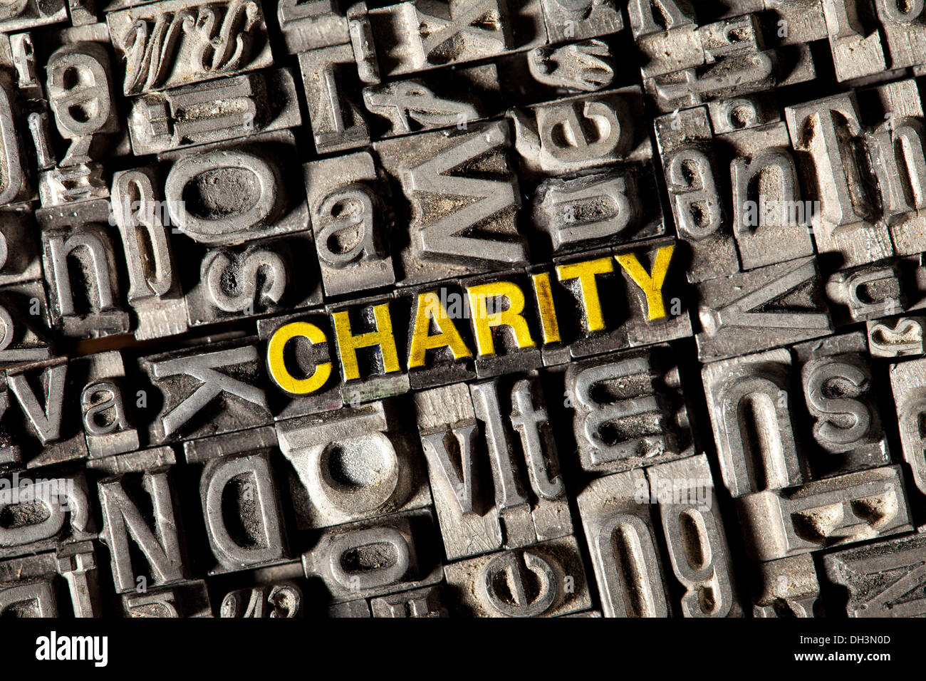 Old lead letters forming the word "charity Stock Photo - Alamy