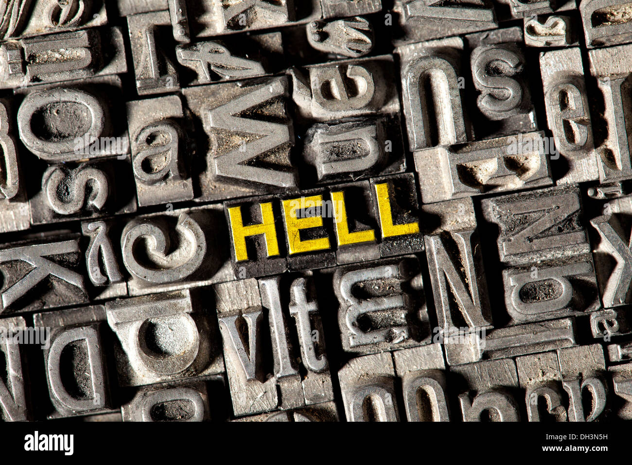 Old lead letters forming the word "HELL Stock Photo - Alamy