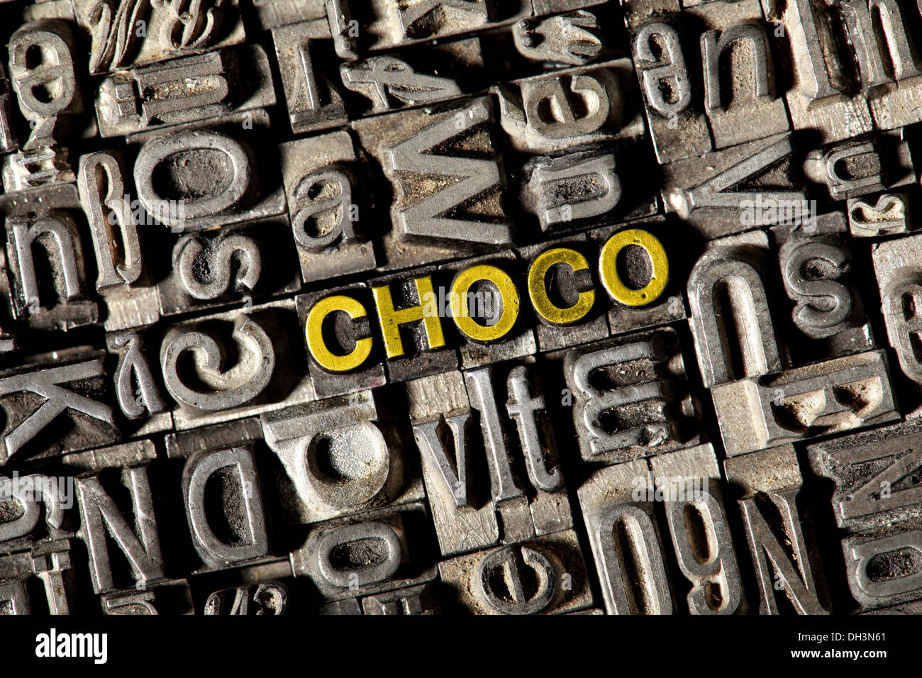 Old lead letters forming the word CHOCO Stock Photo - Alamy