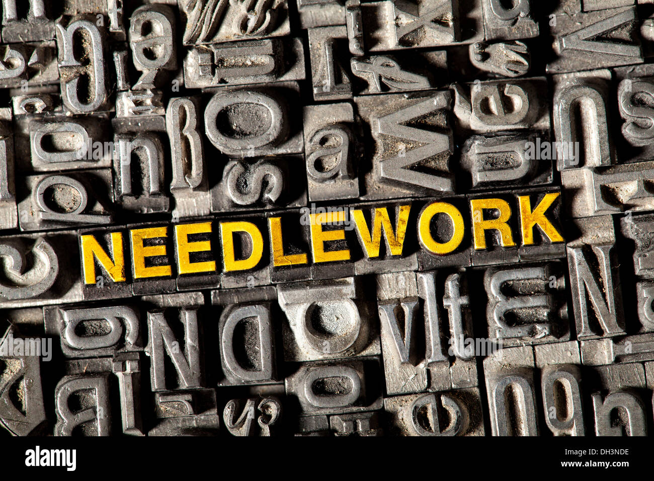Old lead letters forming the word "needlework Stock Photo - Alamy