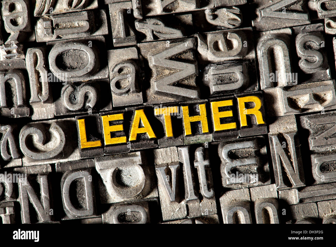 Old lead letters forming the word "LEATHER Stock Photo - Alamy