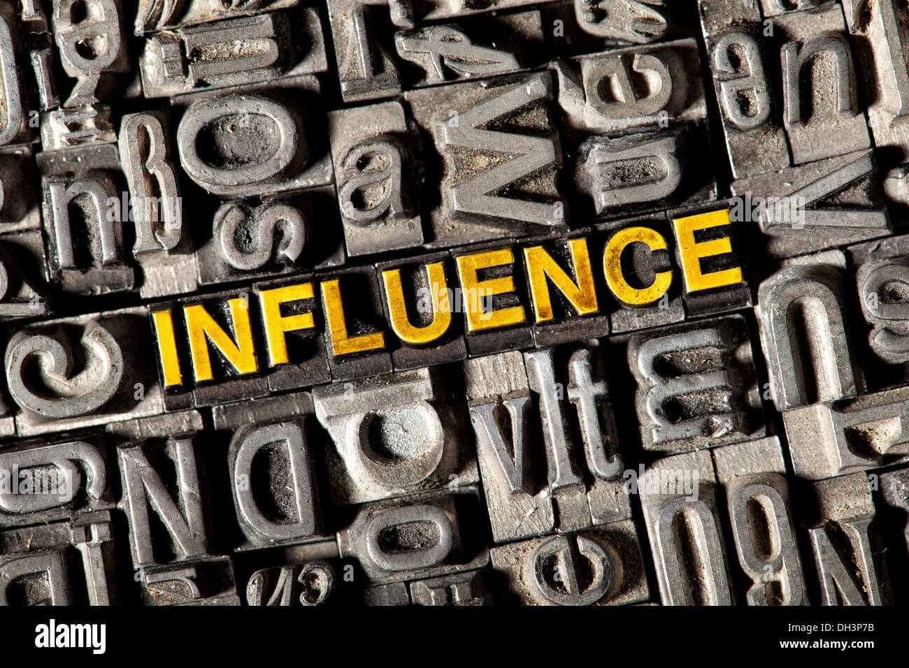 Old lead letters forming the word "INFLUENCE Stock Photo - Alamy